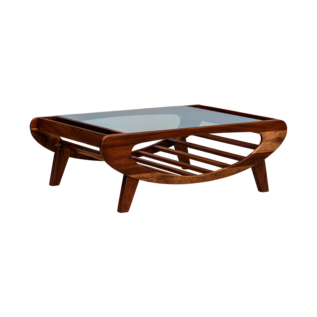 Mesa de centro chi Kiran en parota con cristal - Cl – CREATA muebles