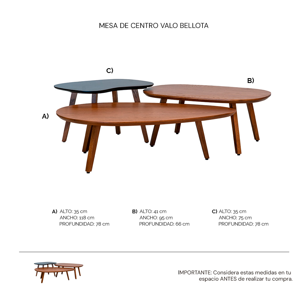Mesa de centro Valo 3 pz en madera encino laca bellota CL – CREATA muebles
