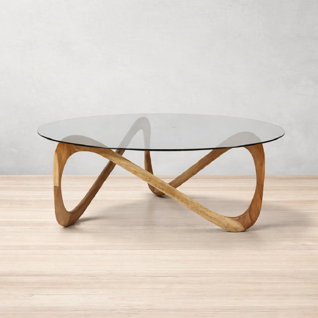 Mesa de centro redonda Australia con cristal y madera parota – CREATA muebles